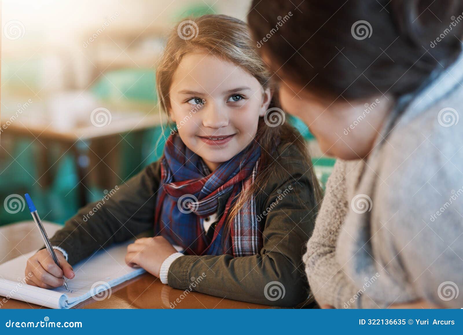 Teacher, Learning and Help Child Writing in Notebook for Education ...