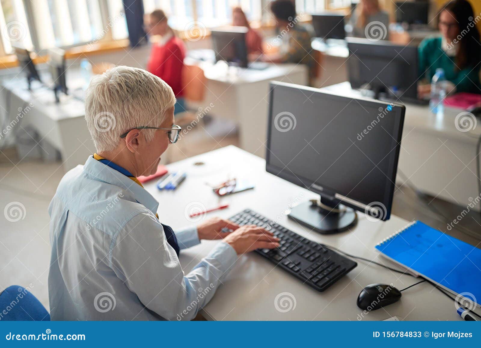 Teacher Lecturer on Class Working on Computer on University Stock Image ...