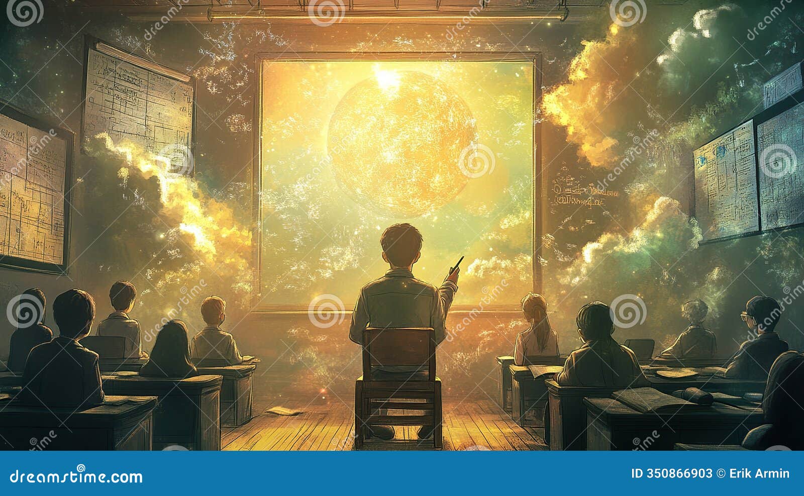 Teacher Lecturing Students in Classroom, Large Screen Shows Celestial ...