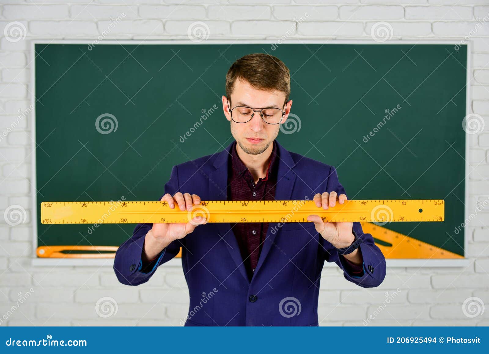 Teacher Man at Chalkboard Holding Ruler, Math Subject Concept Stock ...