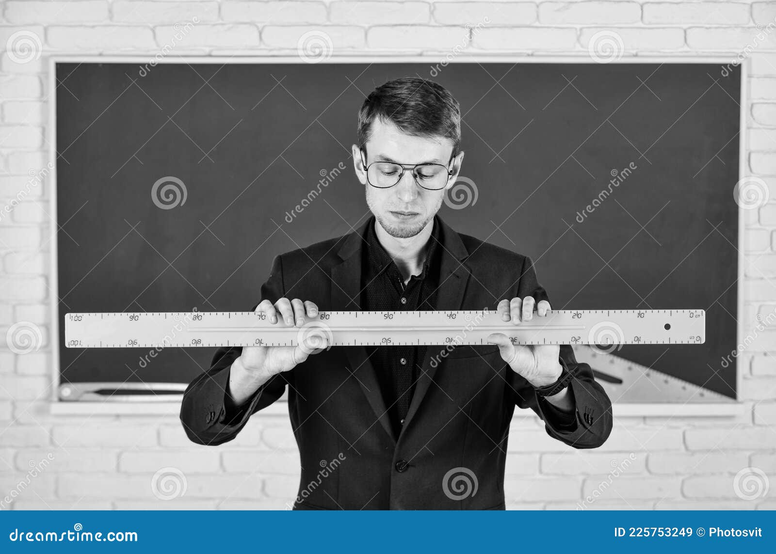 Teacher Man At Chalkboard Holding Ruler, Math Subject Concept Royalty ...