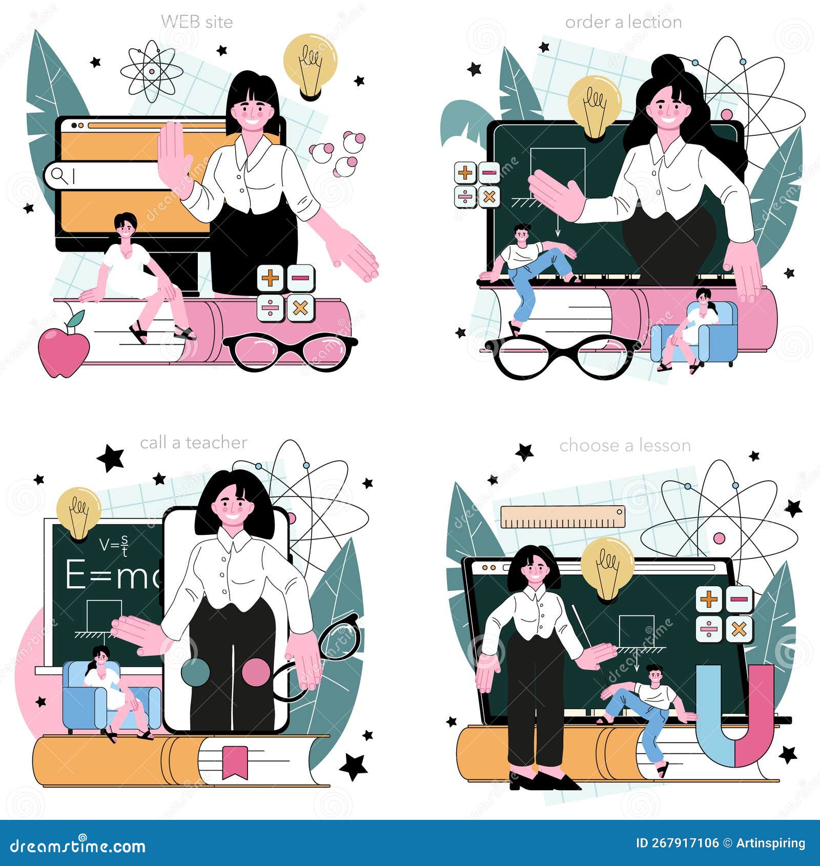 Teacher Online Service or Platform Set. Professor Conduct a Lesson ...