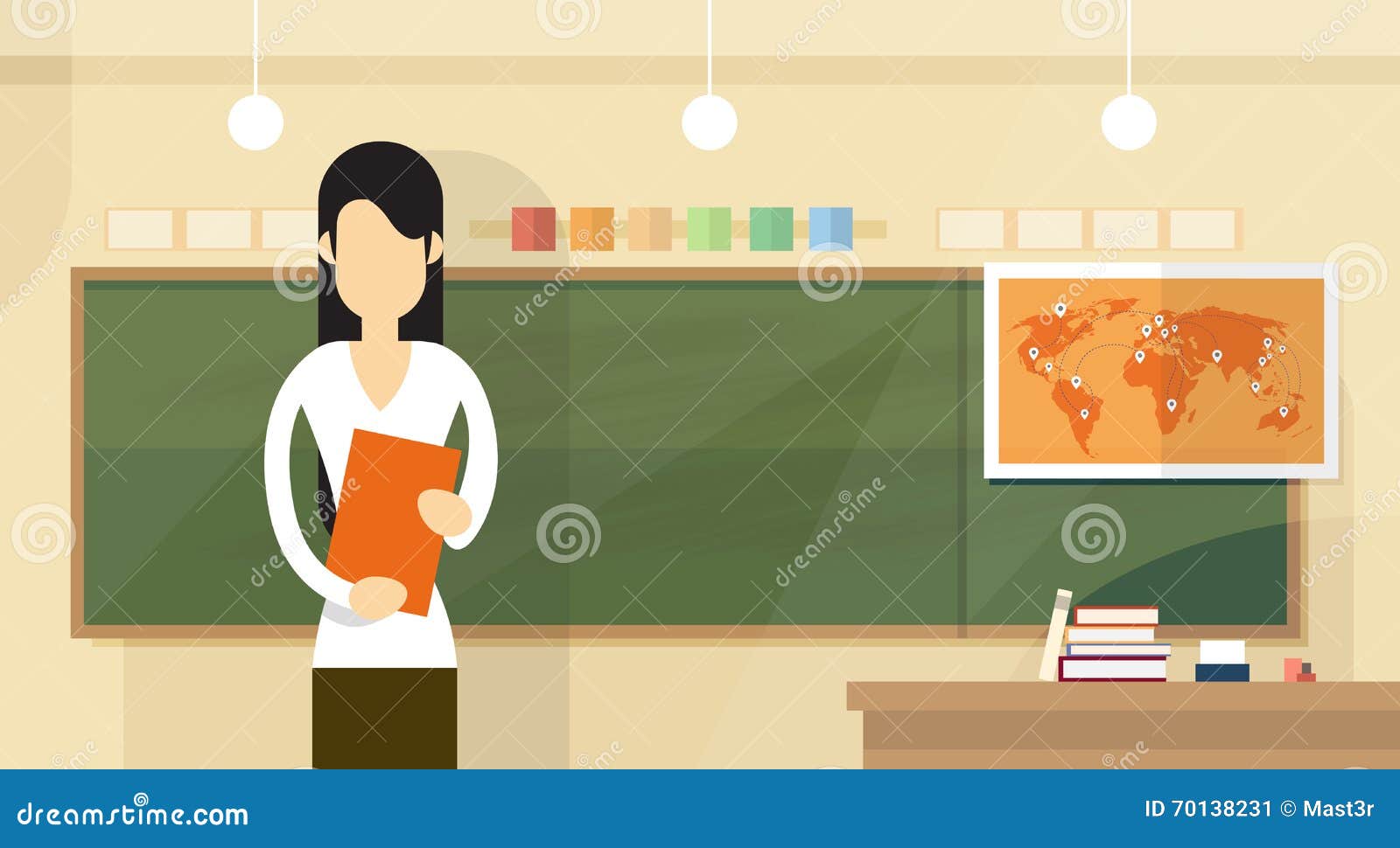 Teacher Over Class Board Classroom Woman with Book Lesson Flat Design ...