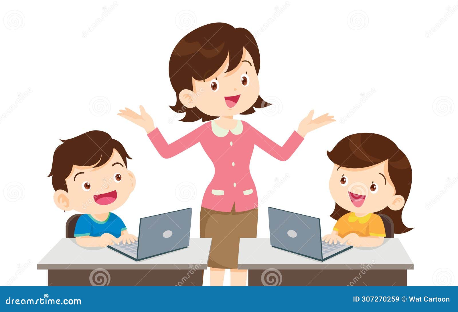 Teacher Presenting Computer Learning and Students Boy ,girl Sitting in ...