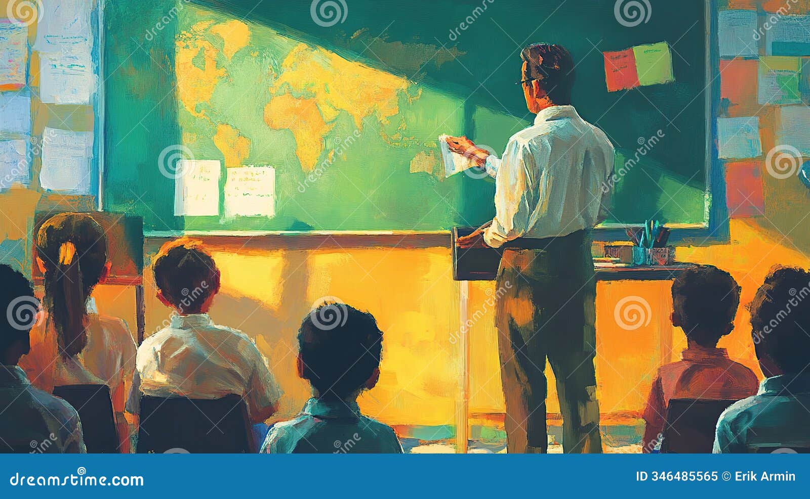 Teacher Presenting a Lesson To Students in a Classroom with a World Map ...