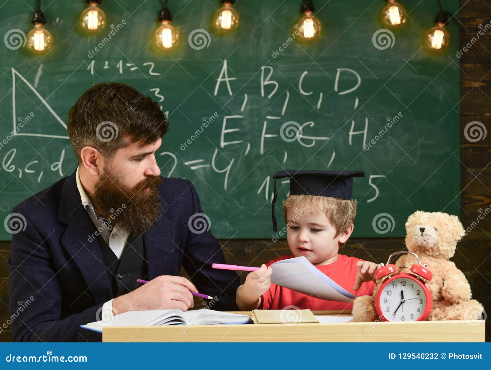 Father Explain Mathematics To Little Schoolboy Son Stock Image ...