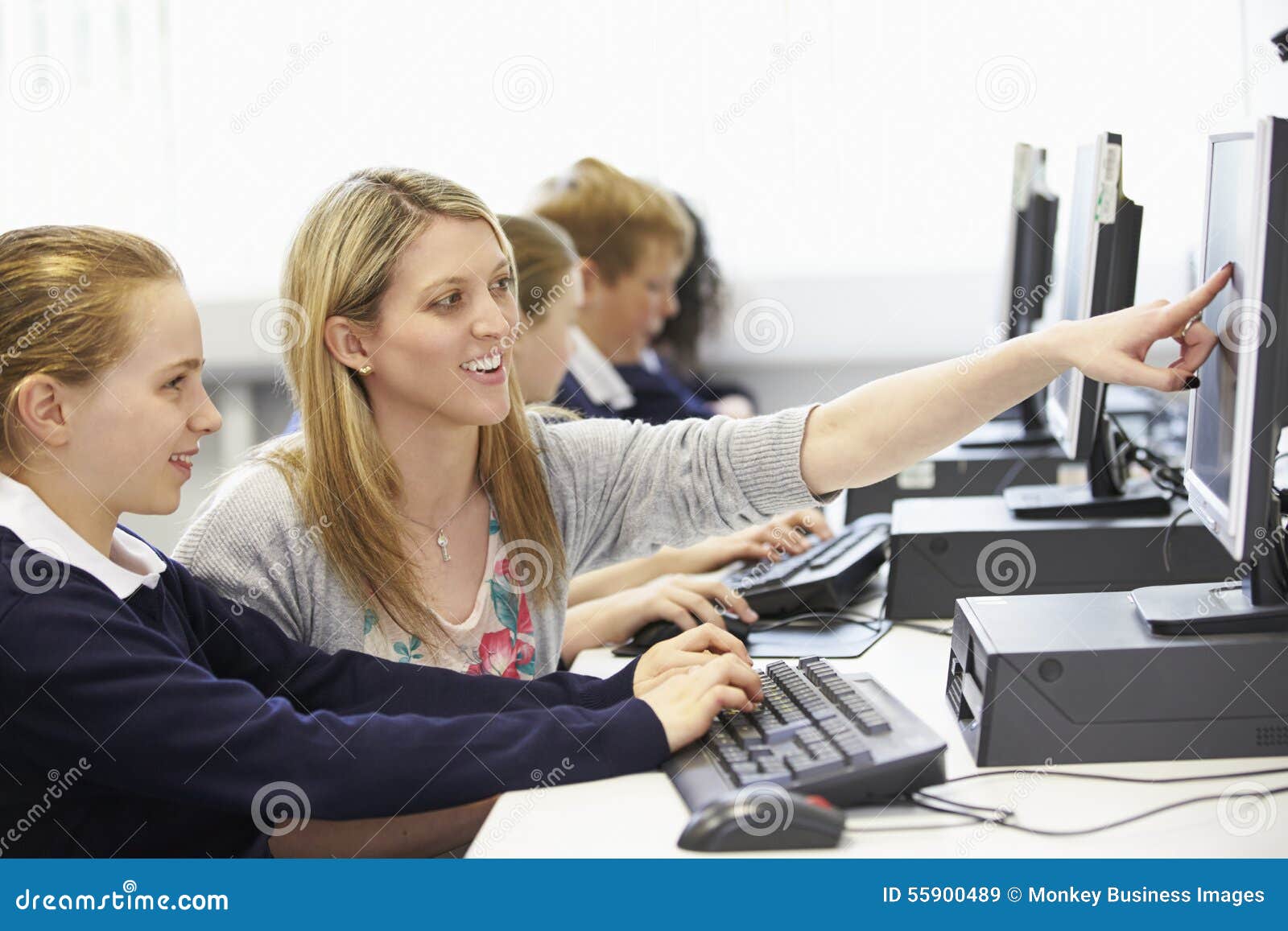 Teacher and Pupil in School Computer Class Stock Image - Image of happy ...
