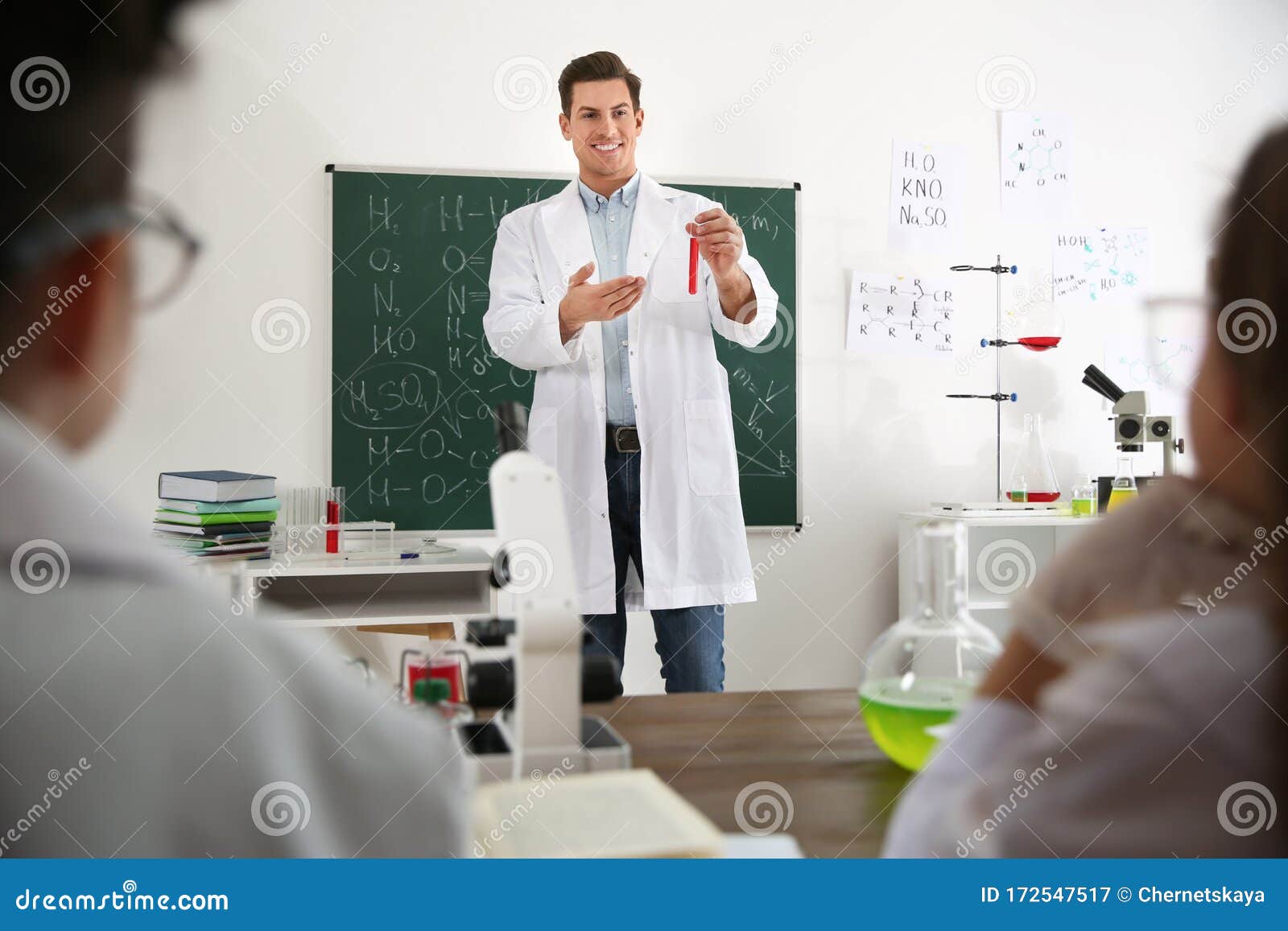 Teacher with Pupils at Chemistry Lesson Stock Image - Image of ...