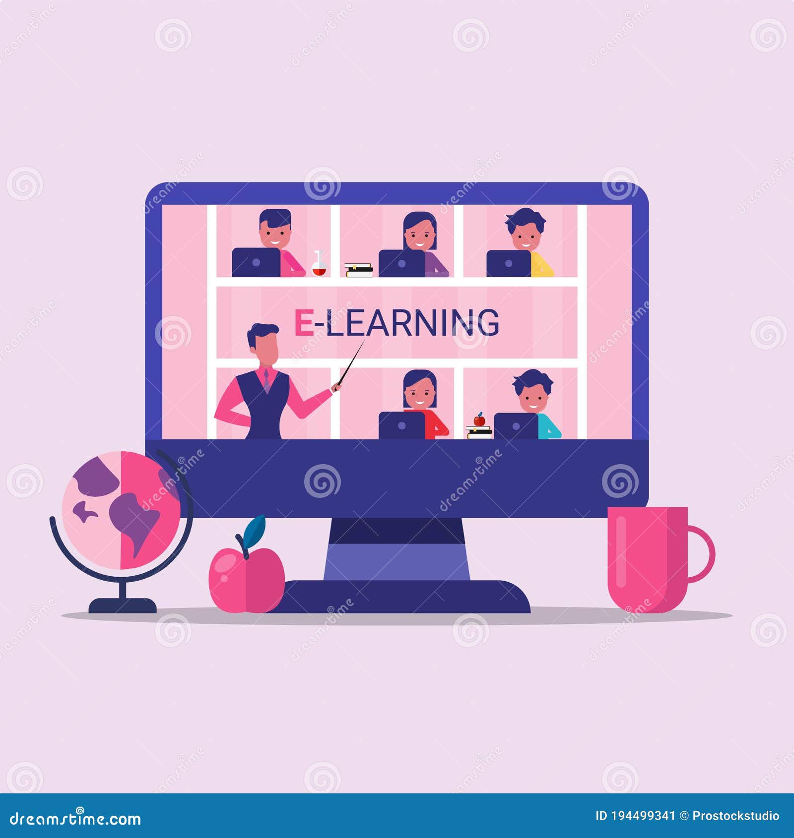 Teacher And Pupils Having Online Class, Pink Background, Vector ...