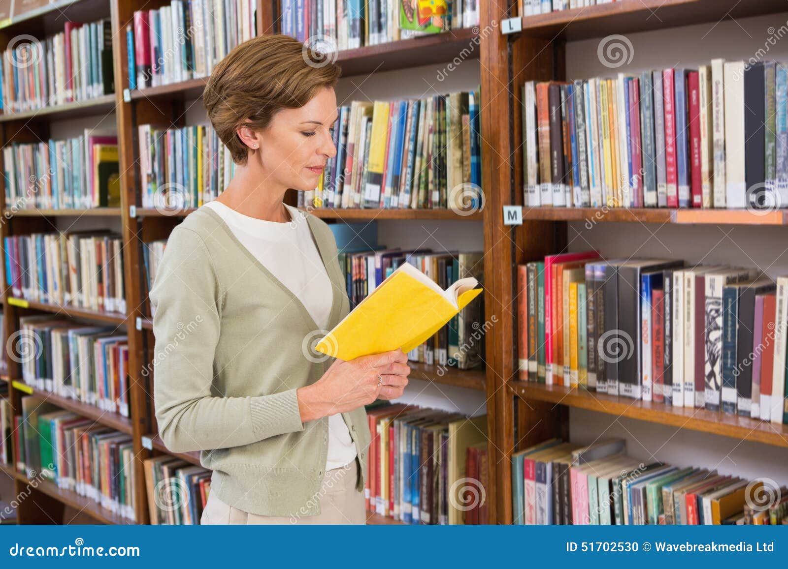 Teacher Reading Book at Library Stock Photo - Image of woman, school ...
