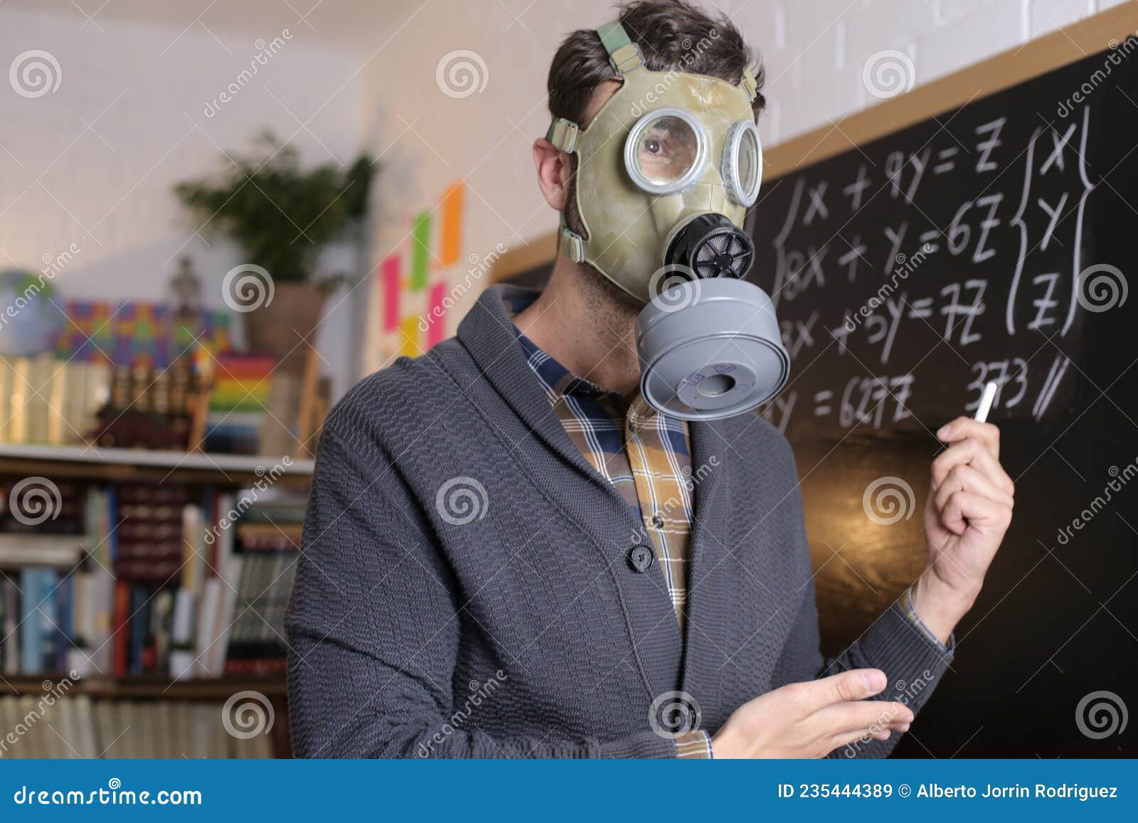Teacher with Retro Rubber Gas Mask in Classroom Stock Image - Image of ...