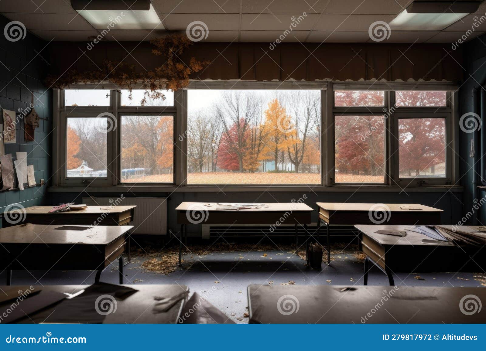A Teacher S Empty Classroom with a View of the School Yard, Desks ...