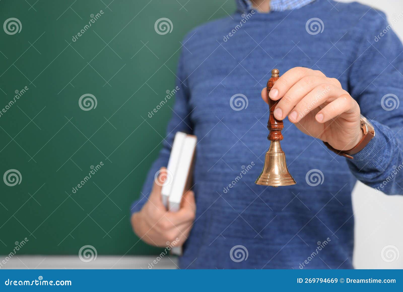 Teacher with School Bell Near Chalkboard, Closeup. Space for Text Stock ...