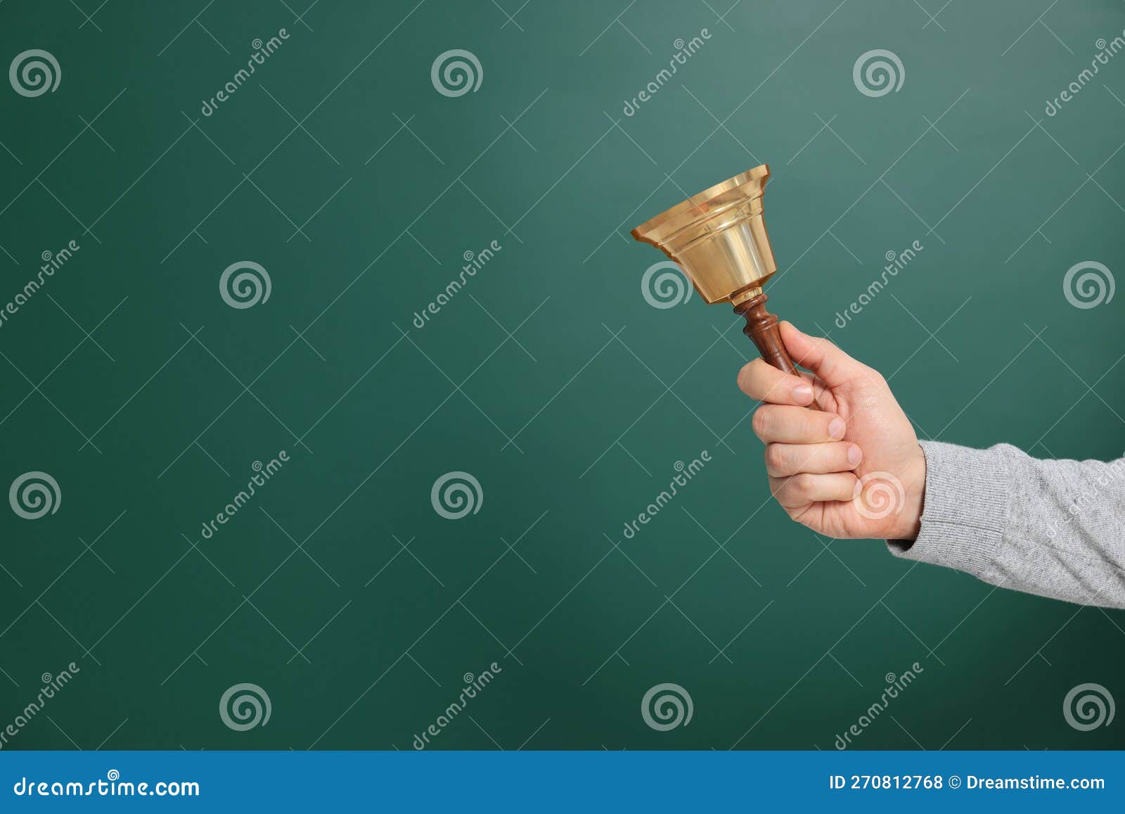 Teacher with School Bell Near Chalkboard, Closeup. Space for Text Stock ...
