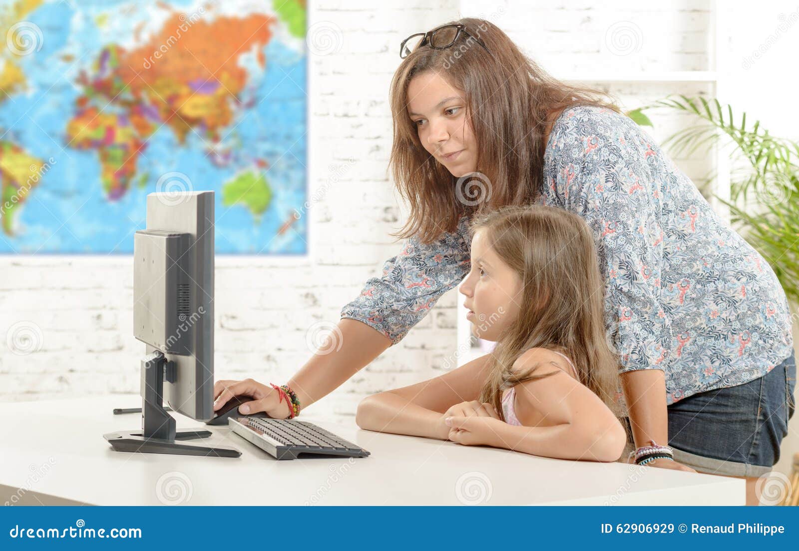 Teacher and a School Girl with a Computer Stock Image - Image of work ...