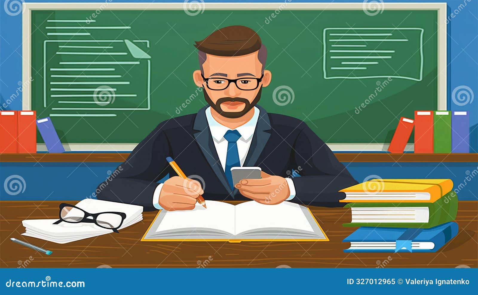 A Teacher is at a Desk in Front of a Blackboard in a Classroom Stock ...