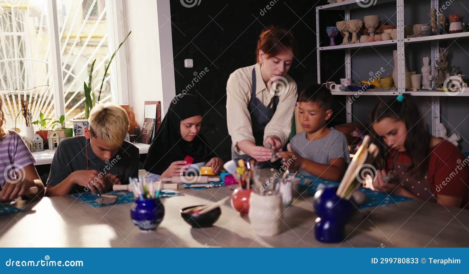 Teacher Shows Student Technique of Modeling Clay Element Stock Video ...