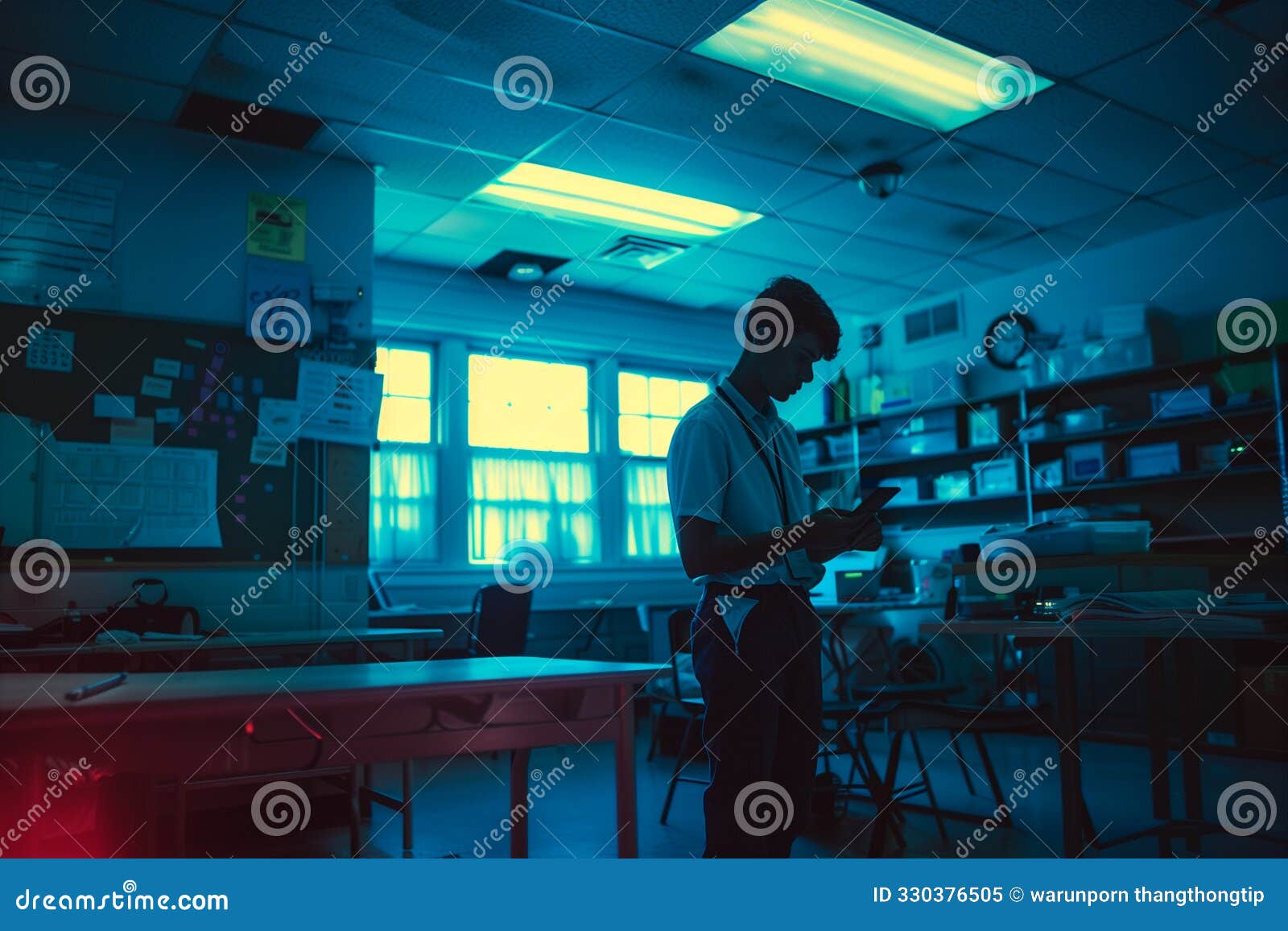 Teacher Standing in Empty Classroom Reviewing Student Work in Morning ...