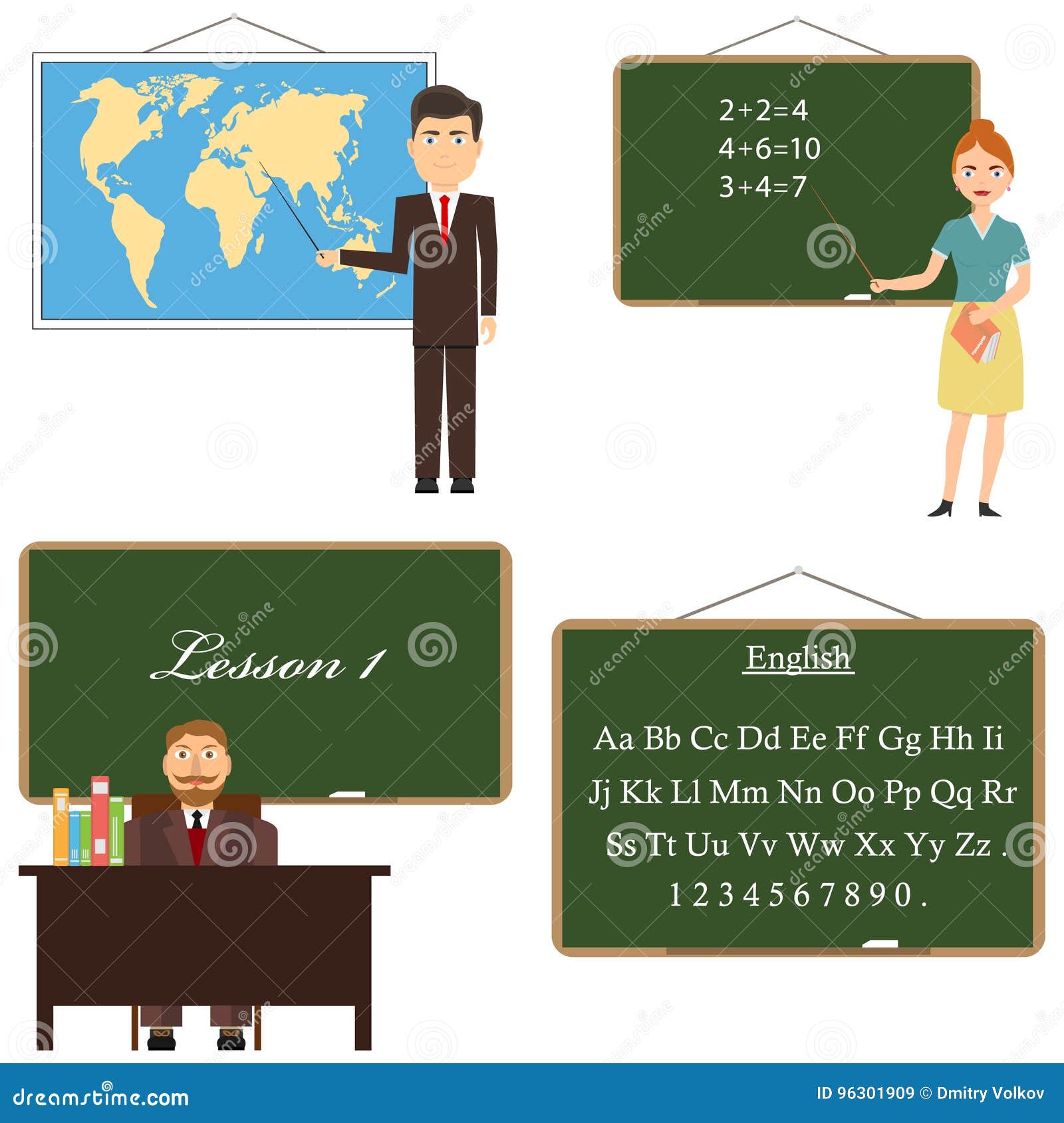 The Teacher Stands Near the Board with a Pointer, the Teacher Points at ...