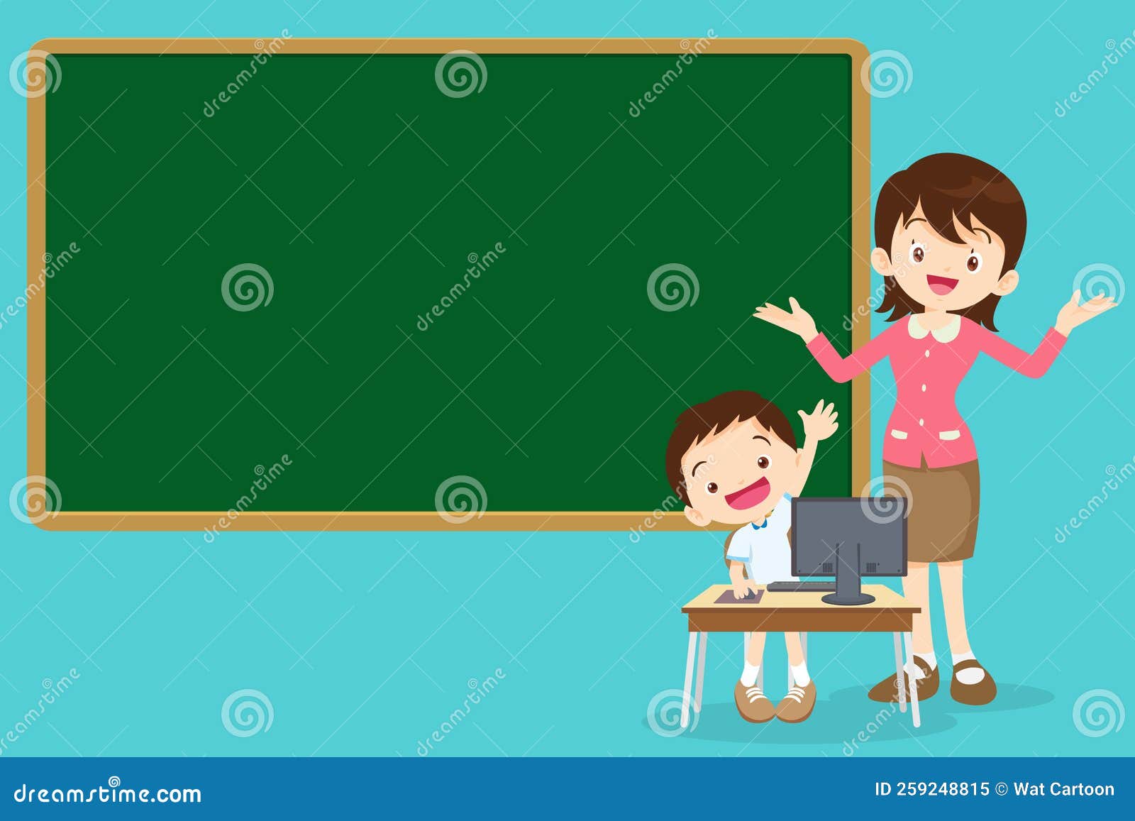 Teacher and Student Boy Learning Computer Hand Up Stock Vector ...