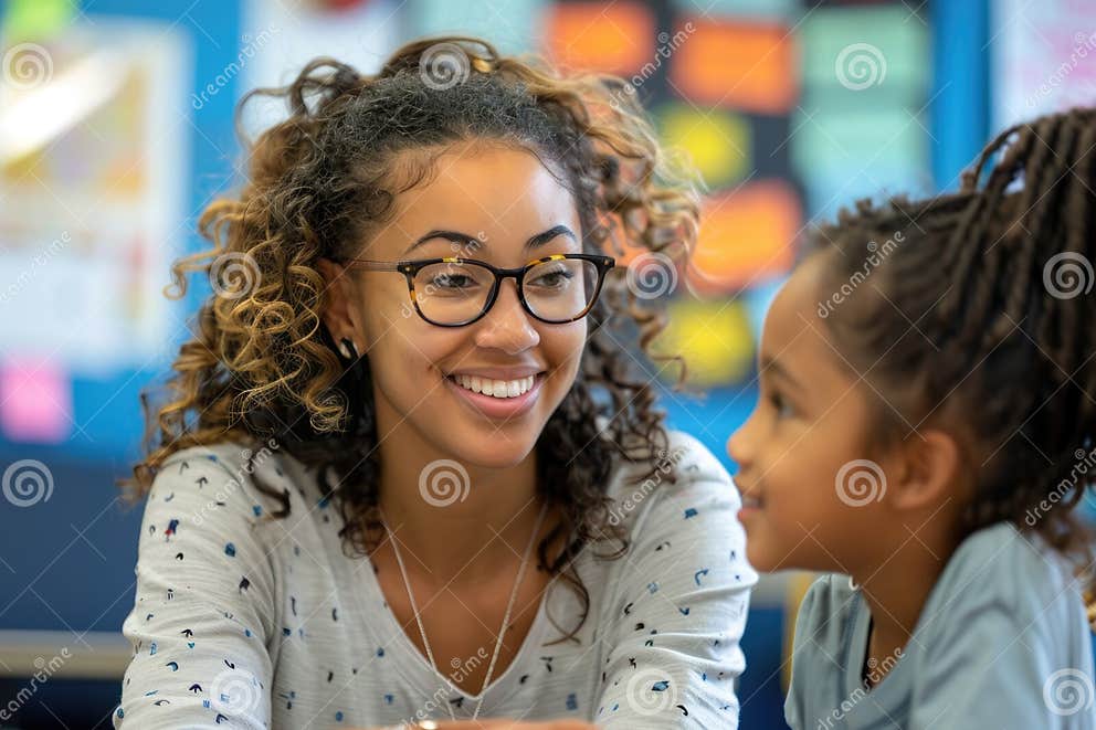 Teacher and Student Interaction in Vibrant Classroom Setting Stock ...