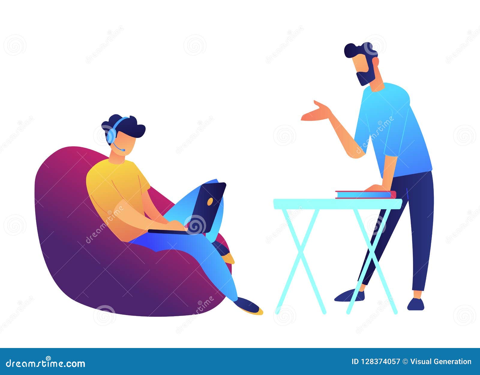 Teacher And Student With Laptop In Headset Learning Online Vector ...