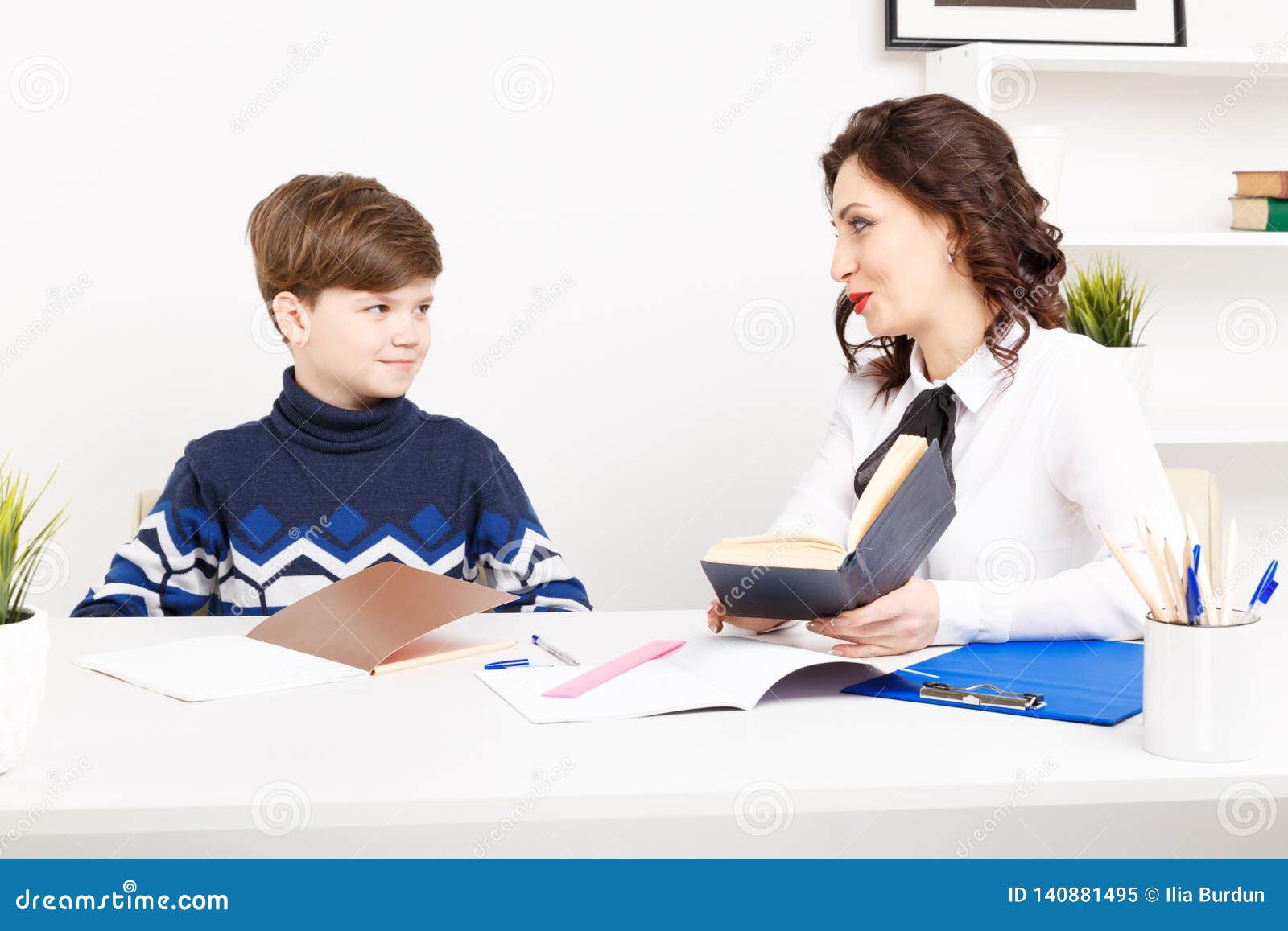 Teacher and Student Working Together and Getting New Information. Stock ...