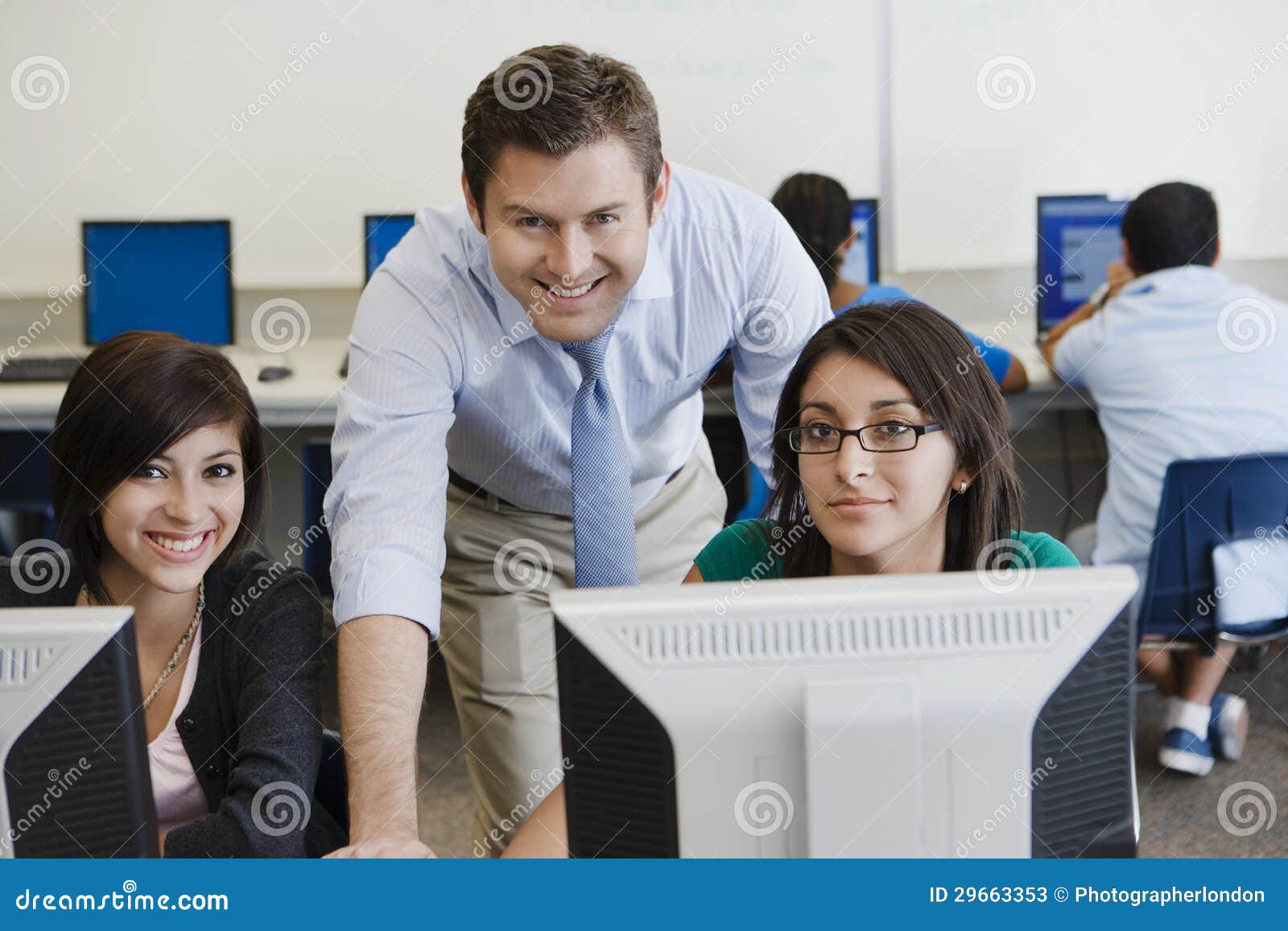 Teacher and Students in Computer Lab Stock Image - Image of happiness ...