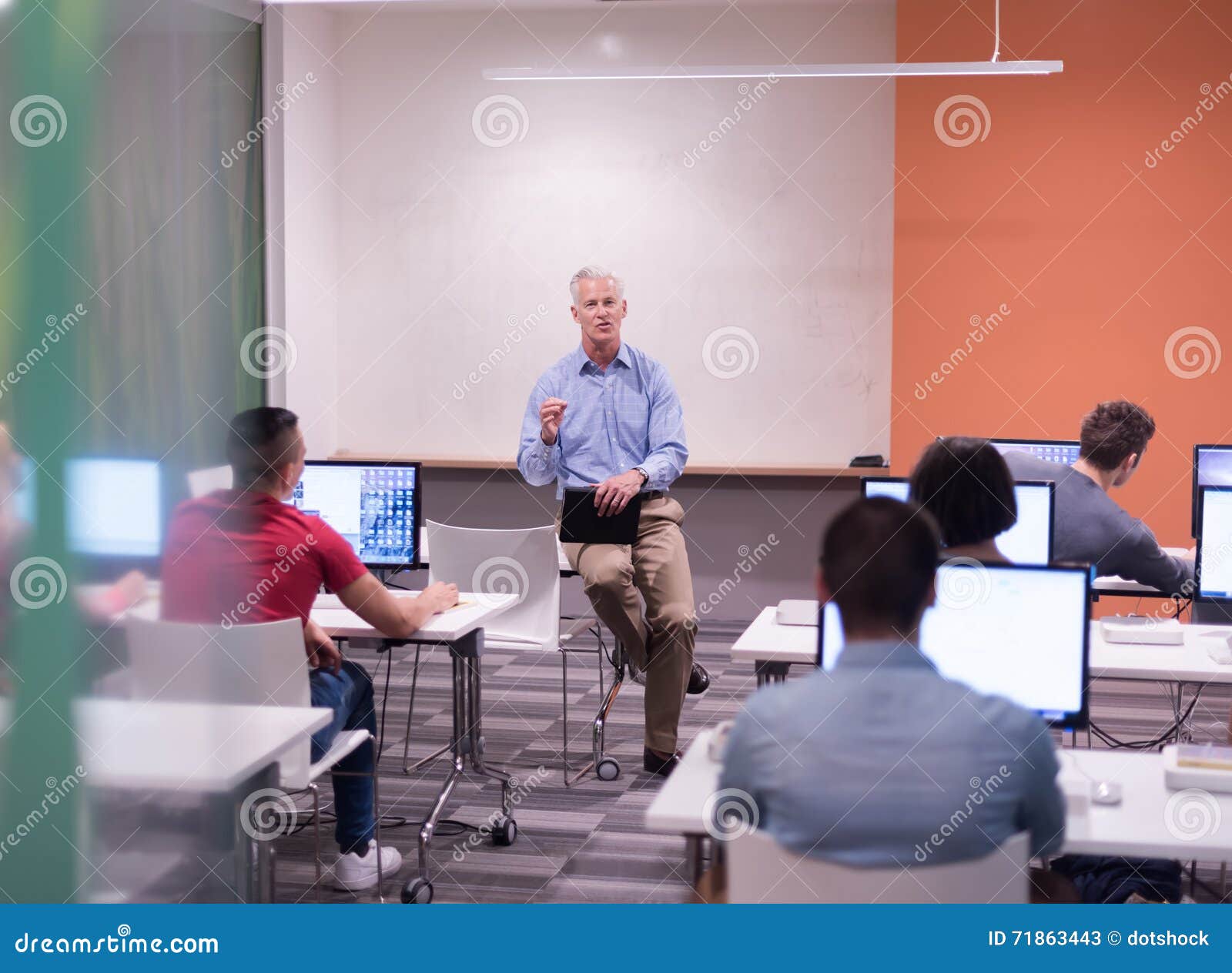 Teacher and Students in Computer Lab Classroom Stock Image - Image of ...