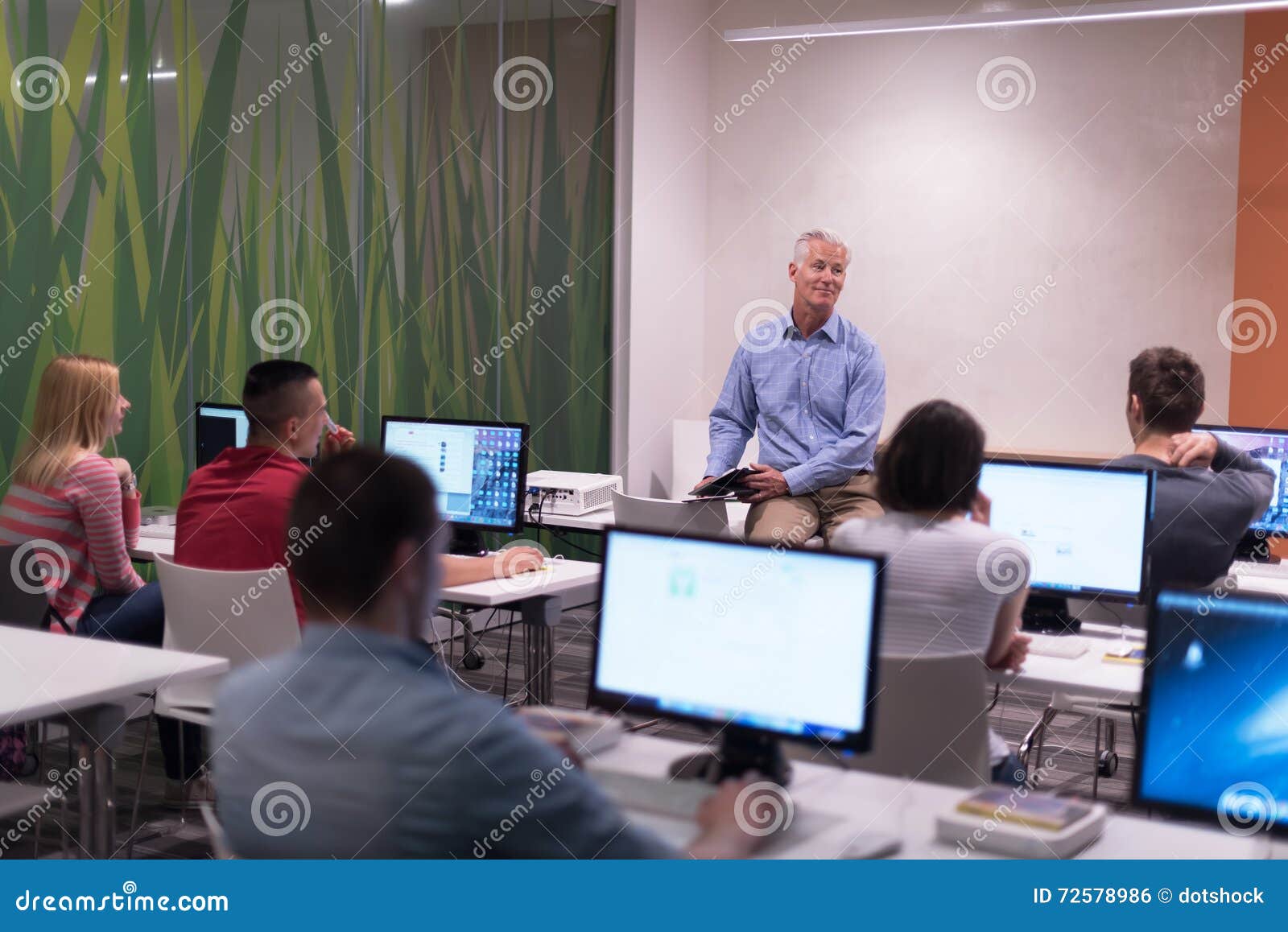 Teacher and Students in Computer Lab Classroom Stock Photo - Image of ...