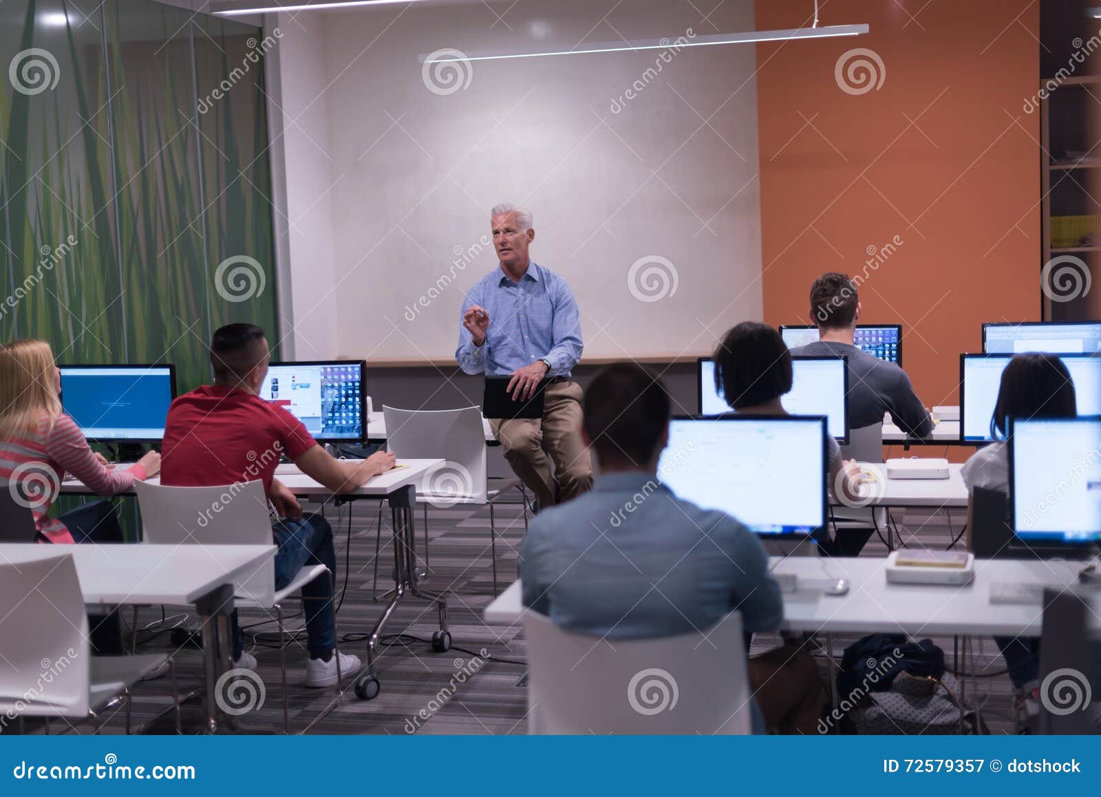 Teacher and Students in Computer Lab Classroom Stock Image - Image of ...