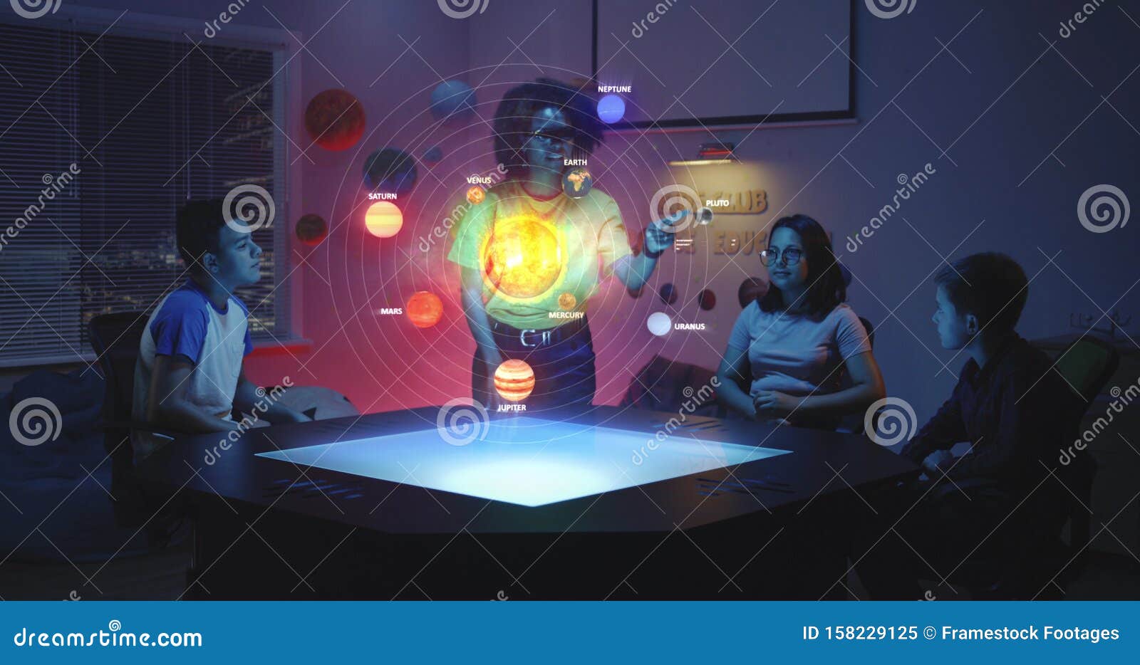 Teacher and Students Looking at Solar System Hologram Stock Image ...