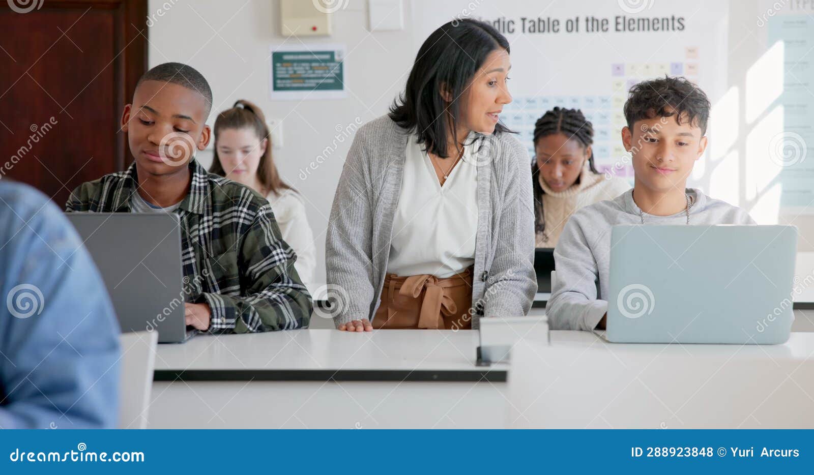 Teacher, Students and Science, Laptop in Class with Learning, Education and Innovation with Tech ...