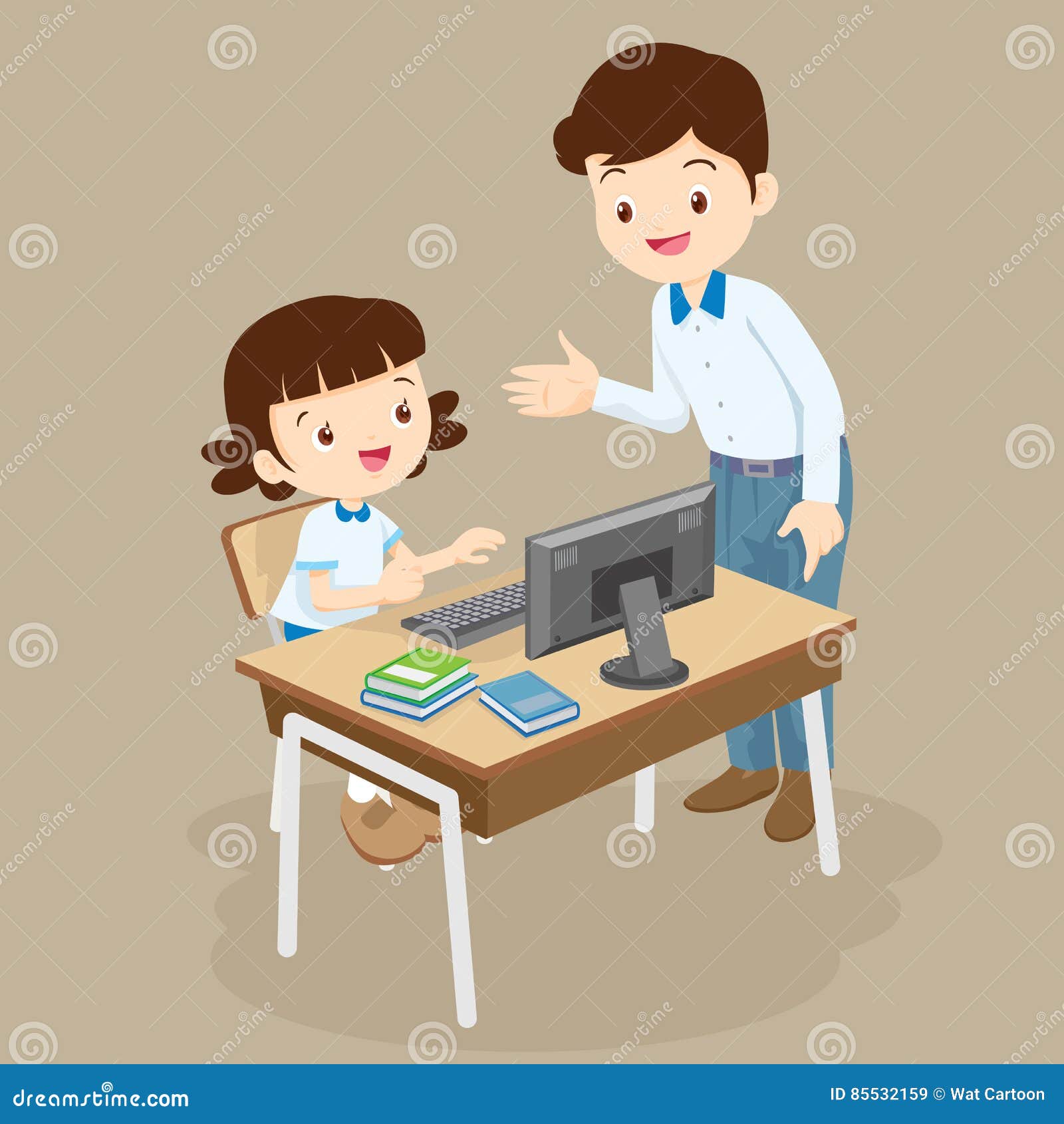 Teacher Teaching Computer To Student Girl Stock Vector - Illustration ...