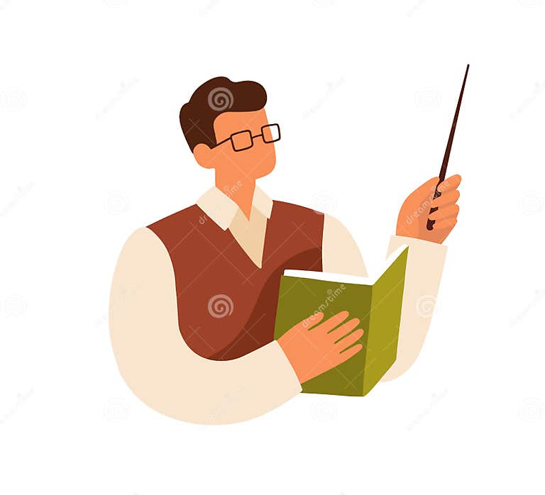 Teacher Teaching, Holding Book, Showing Smth with Pointer. School ...