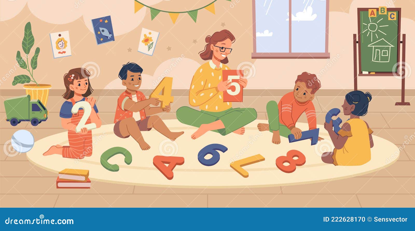 Teacher Teaching Kids in Kindergarten Playroom Stock Vector ...