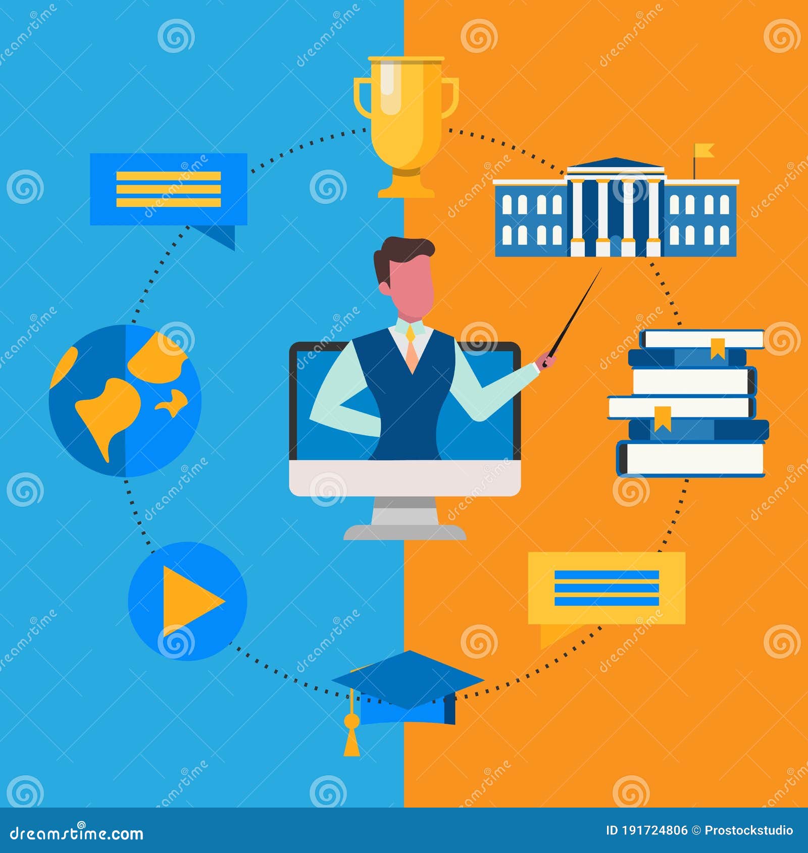 Teacher Teaching Though Computer Screen Over Orange and Blue Background ...