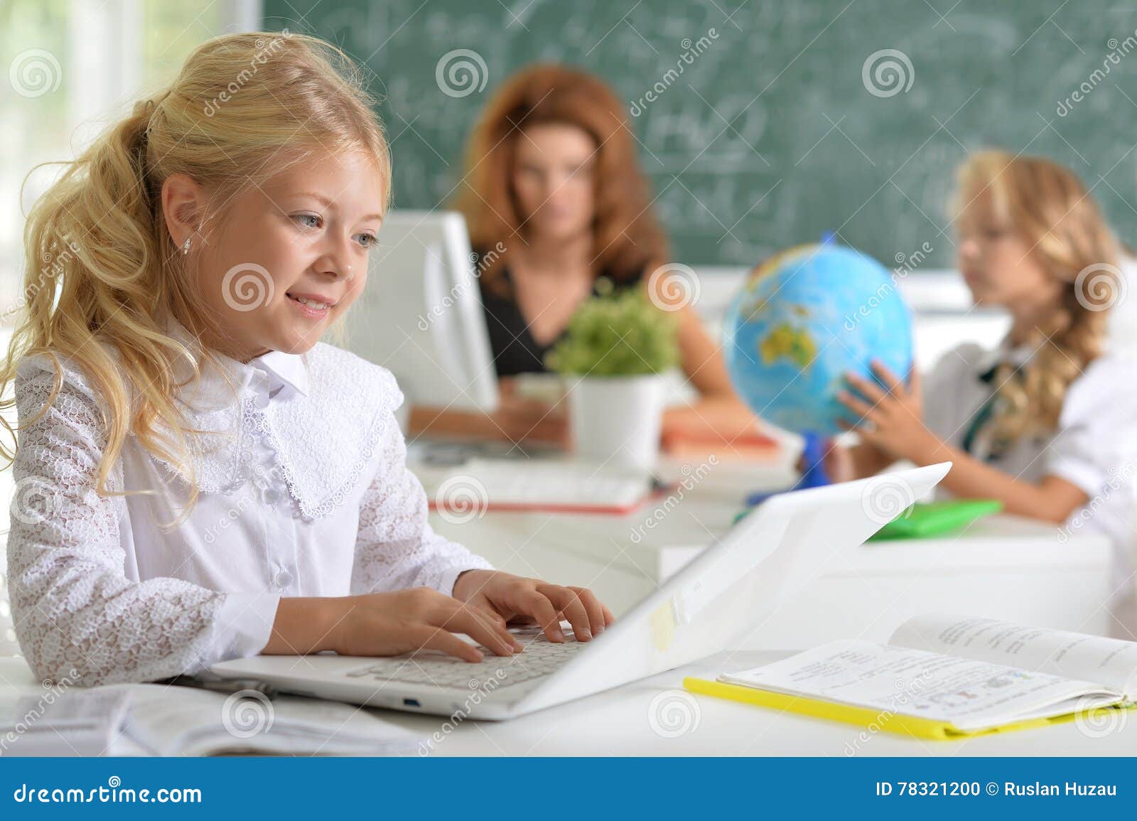 Teacher with Two Girls at Lesson Stock Photo - Image of lesson, laptop ...