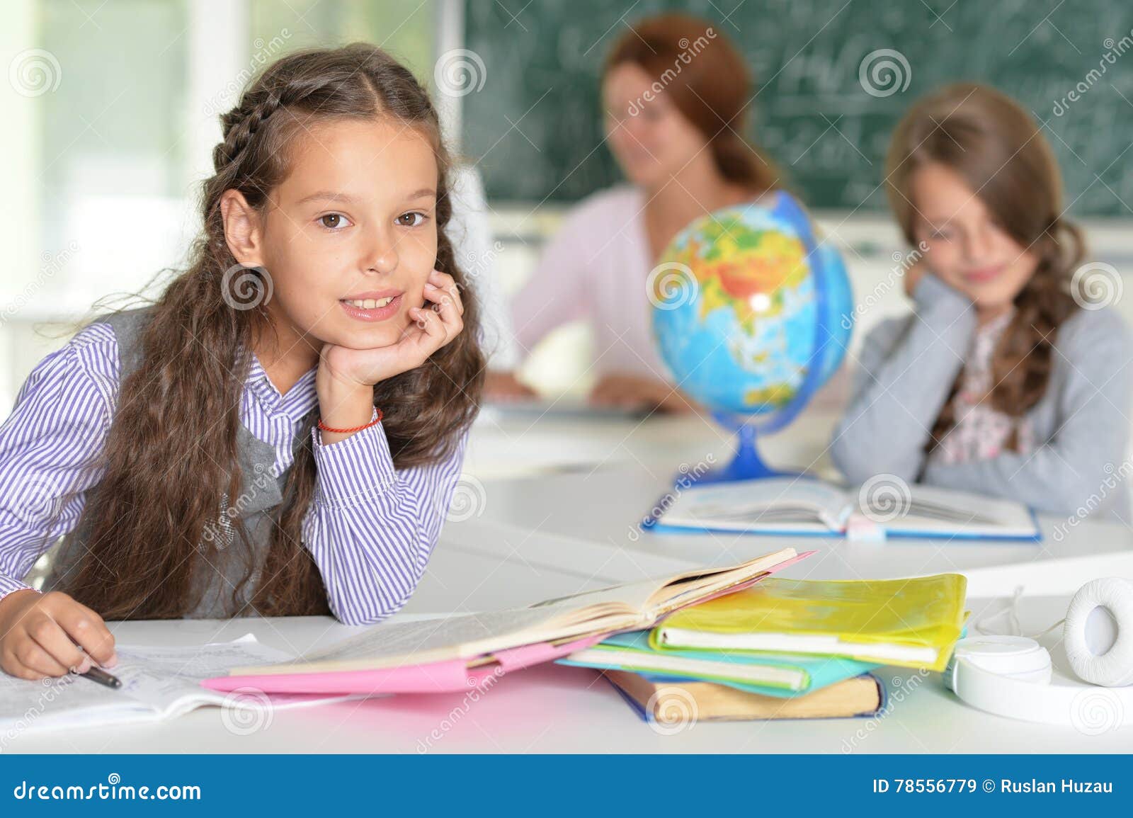 Teacher with Two Girls at Lesson Stock Image - Image of girls ...