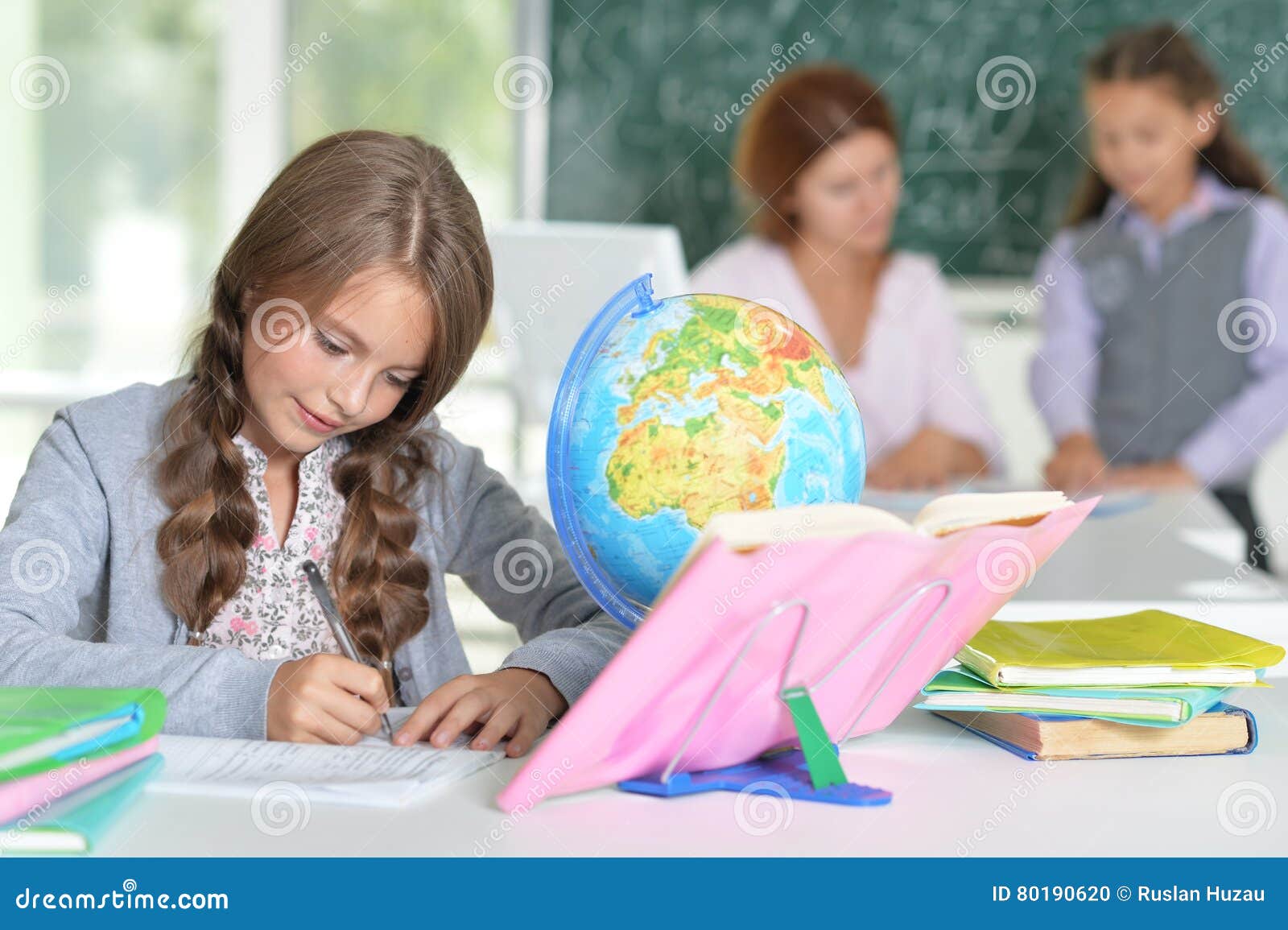 Teacher with Two Girls at Lesson Stock Photo - Image of cheerful ...