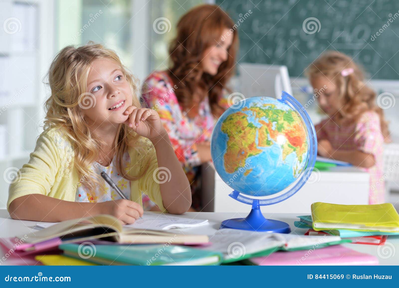 Teacher with Two Girls at Lesson Stock Image - Image of books, lesson ...
