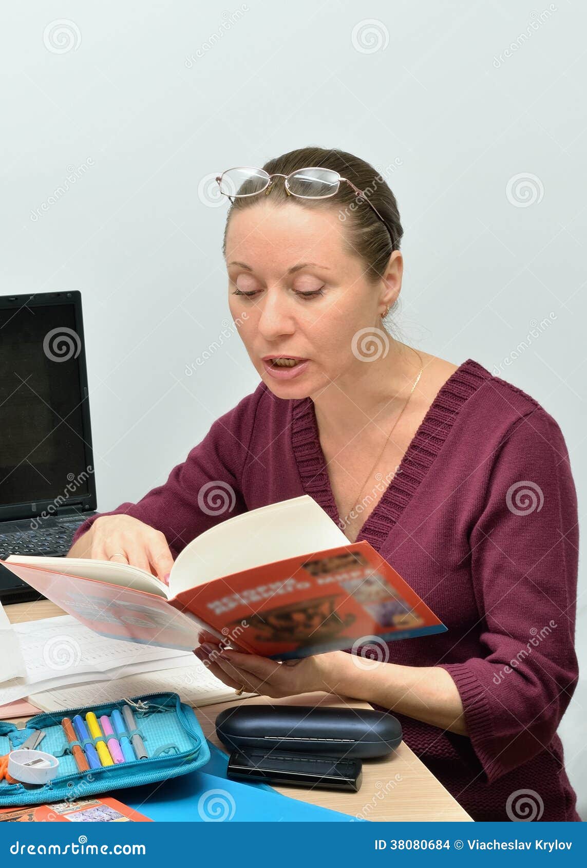 Teacher in the Workplace at the Table Stock Photo - Image of ...