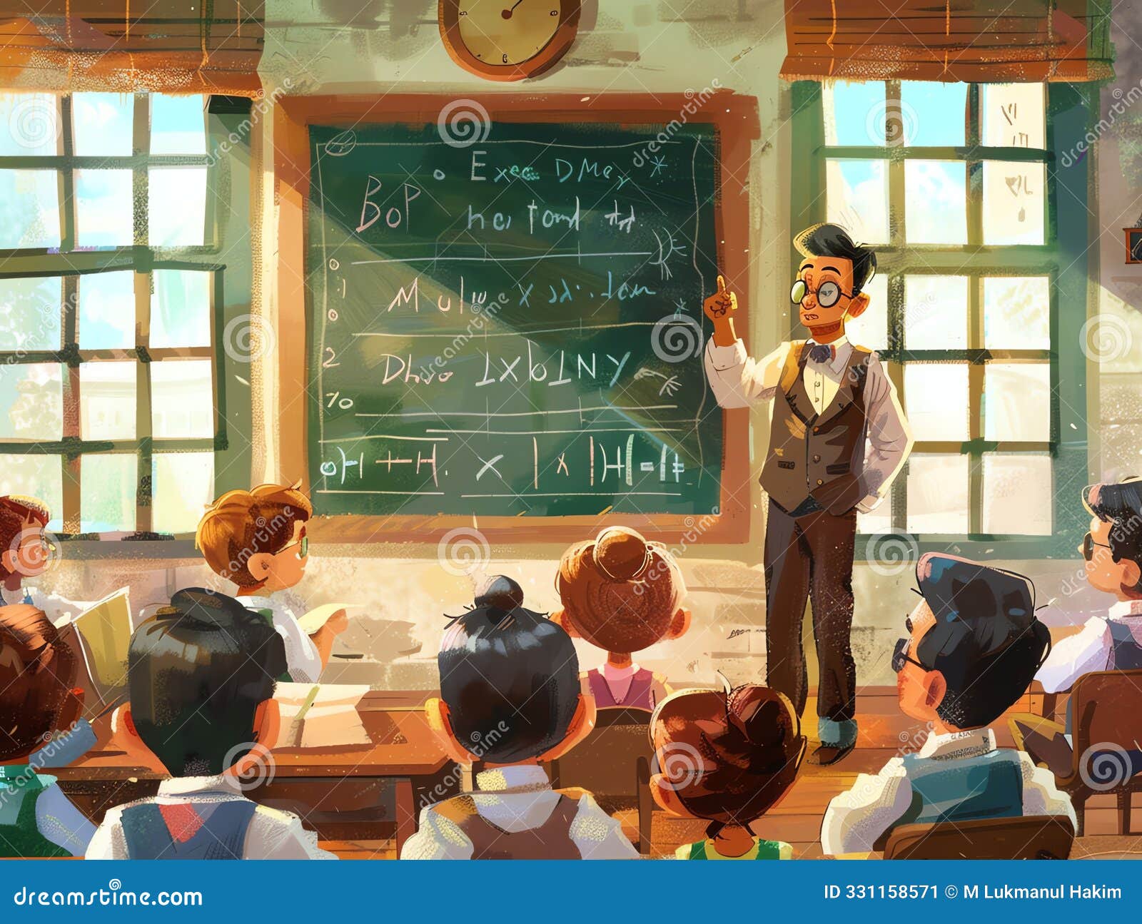 Teacher Writing on Chalkboard in Classroom with Students, Education ...