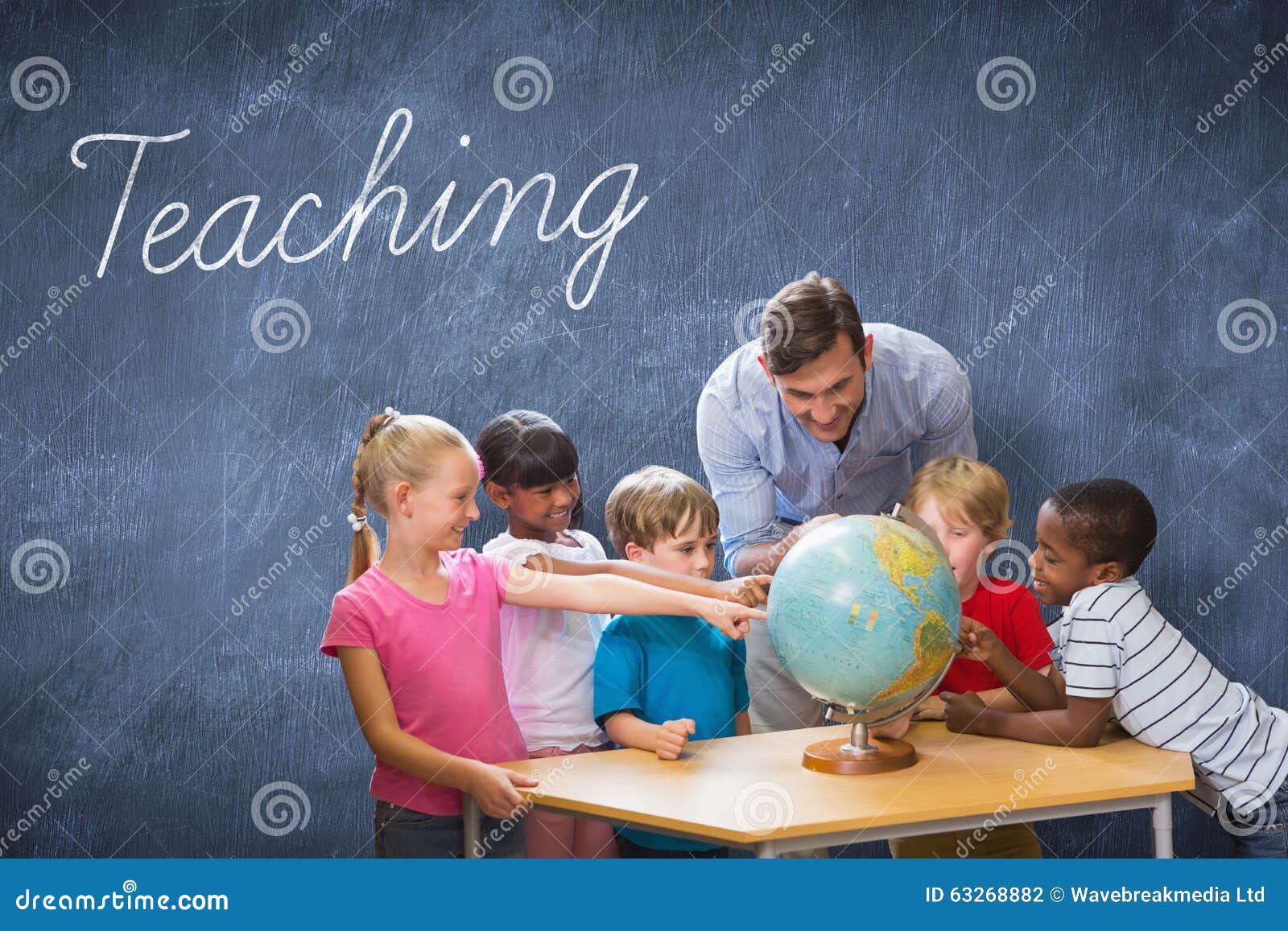 Teaching Against Blue Chalkboard Stock Photo - Image of globe ...