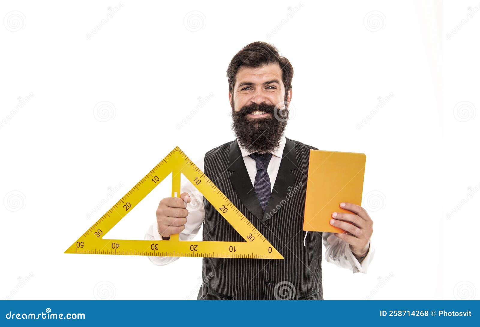 Teaching Dimension in School. School Teacher Hold Triangle and Book ...