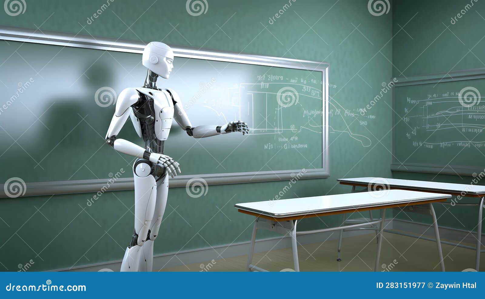 Teaching Robot And Chalkboard In The Classroom Ai Teacher Concept Ai