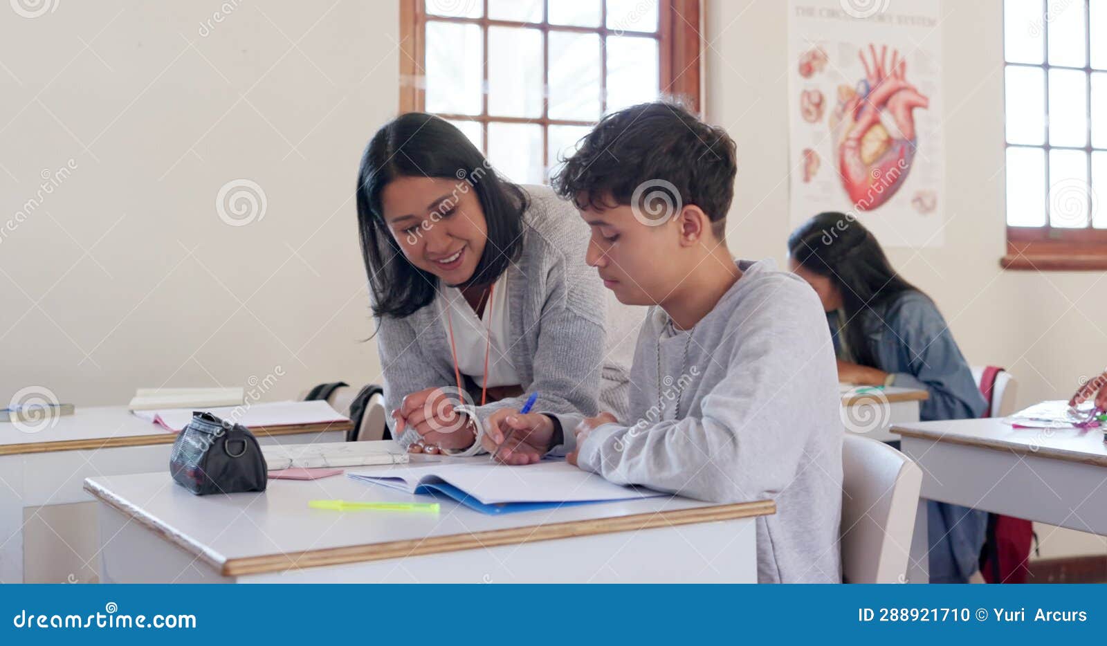 Teaching, Student and Teacher with Help, Classroom and Notebook with ...