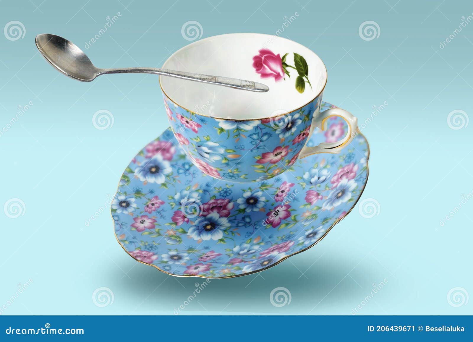 Teacup with Saucer and Spoon Flying Stock Image - Image of beverage ...