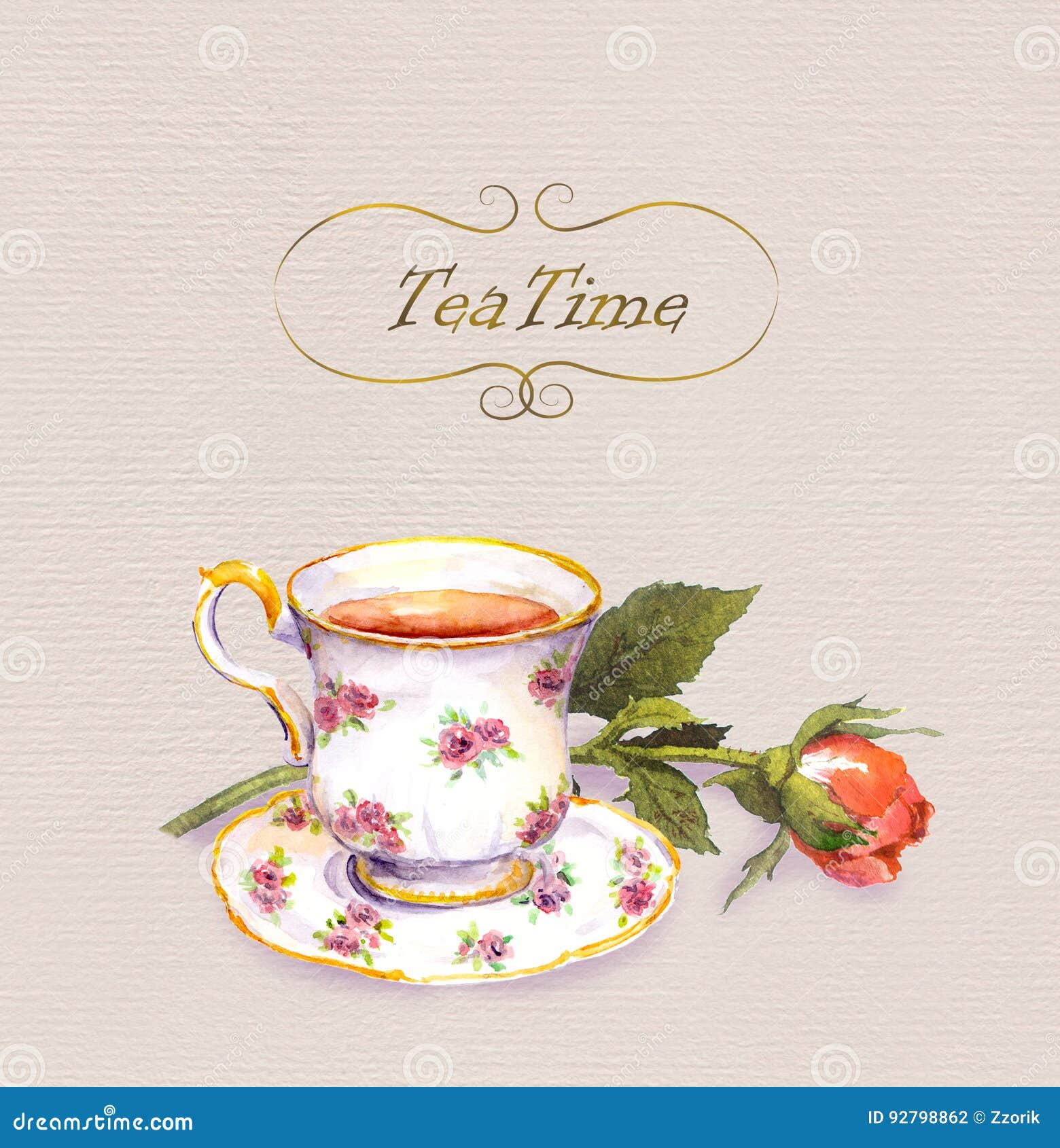 Teacup with Tea, Rose Flower. Watercolour Postcard Stock Illustration ...