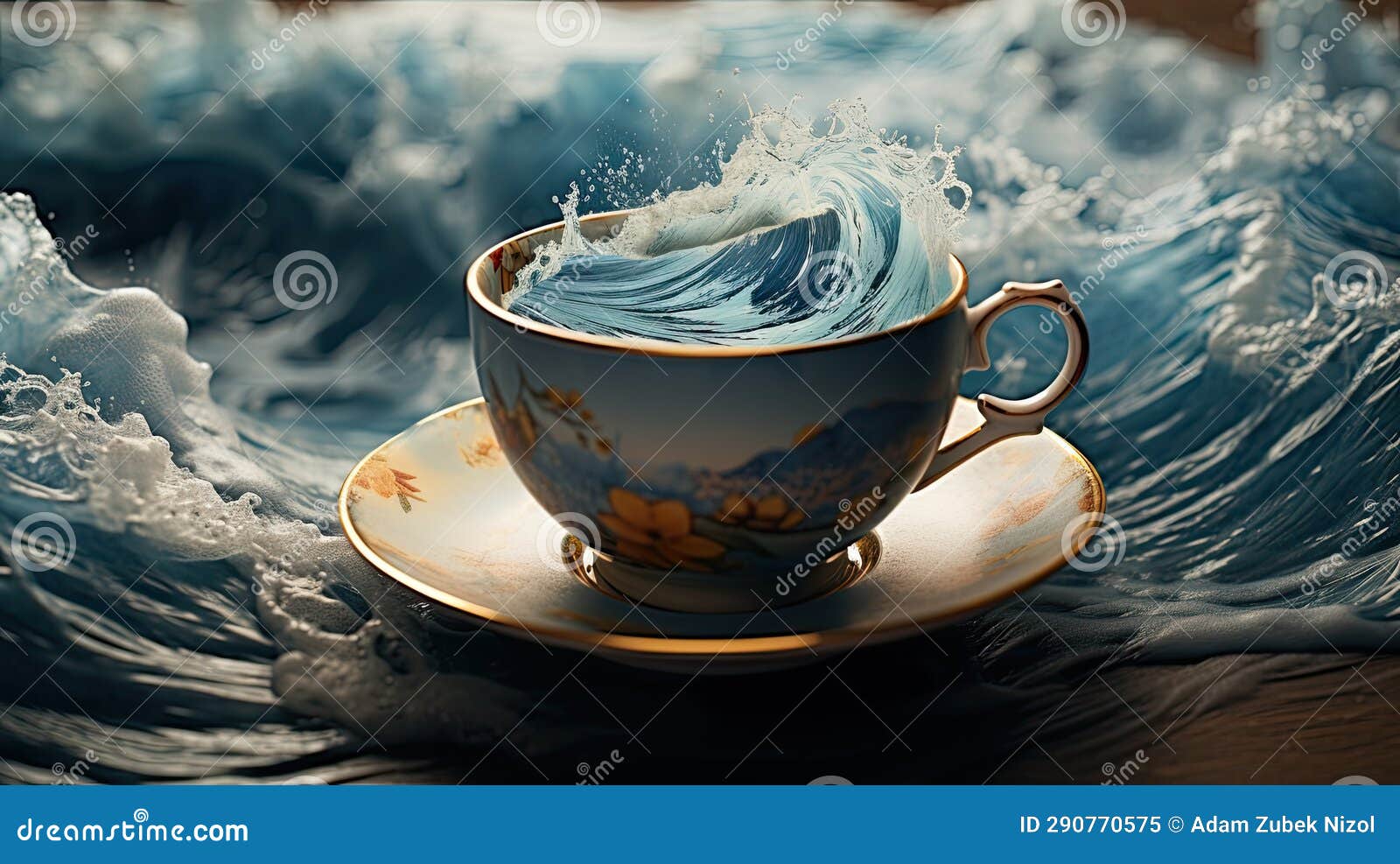 A Teacup with a Wave Crashing into it Stock Illustration - Illustration ...